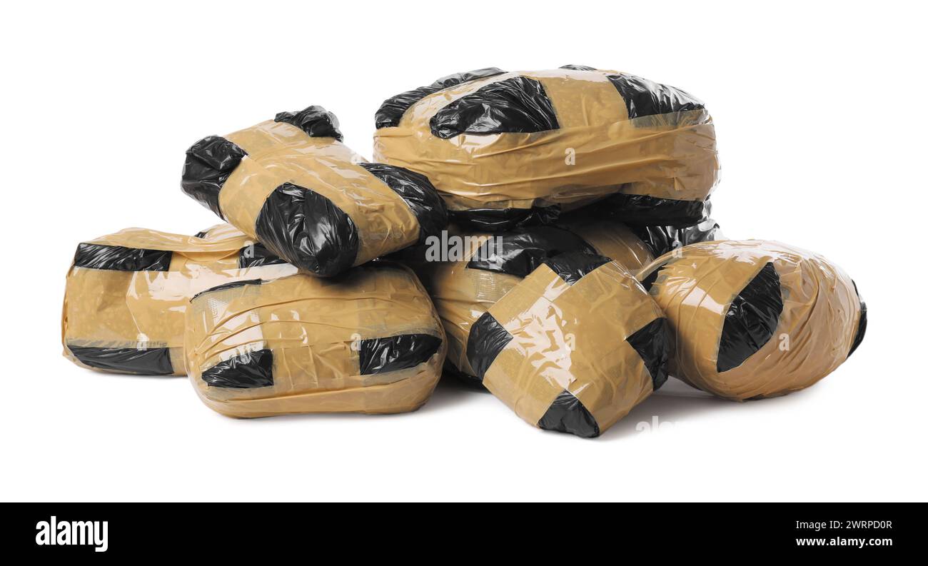 Packages with narcotics isolated on white. Drug addiction Stock Photo ...