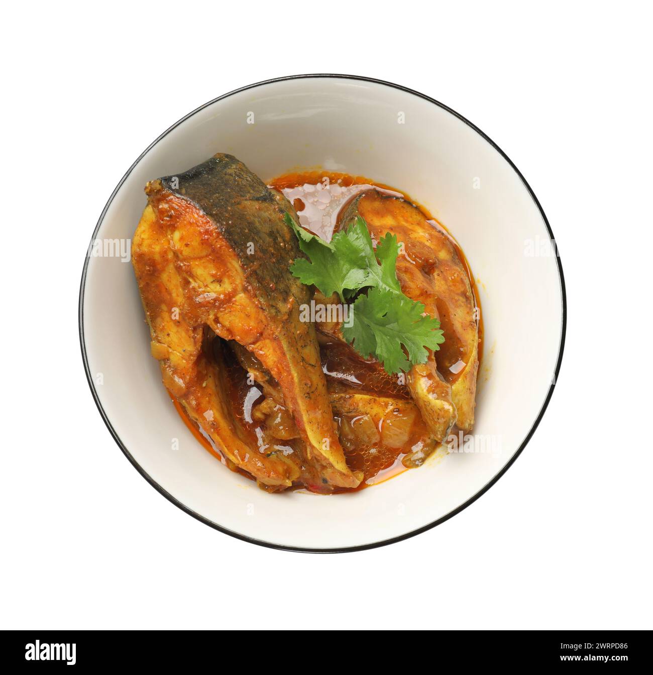 Tasty fish curry on white background, top view. Indian cuisine Stock ...
