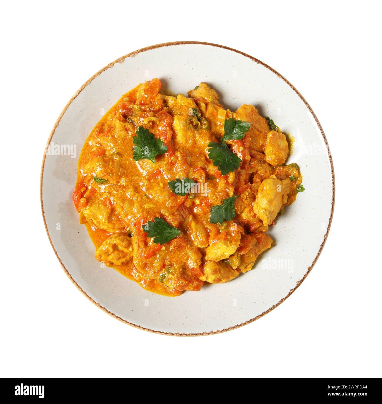 Delicious chicken curry isolated on white, top view Stock Photo - Alamy