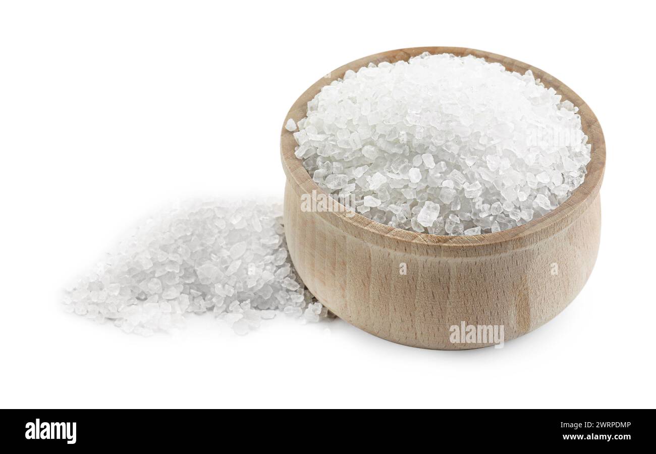 Natural salt in wooden bowl isolated on white Stock Photo - Alamy