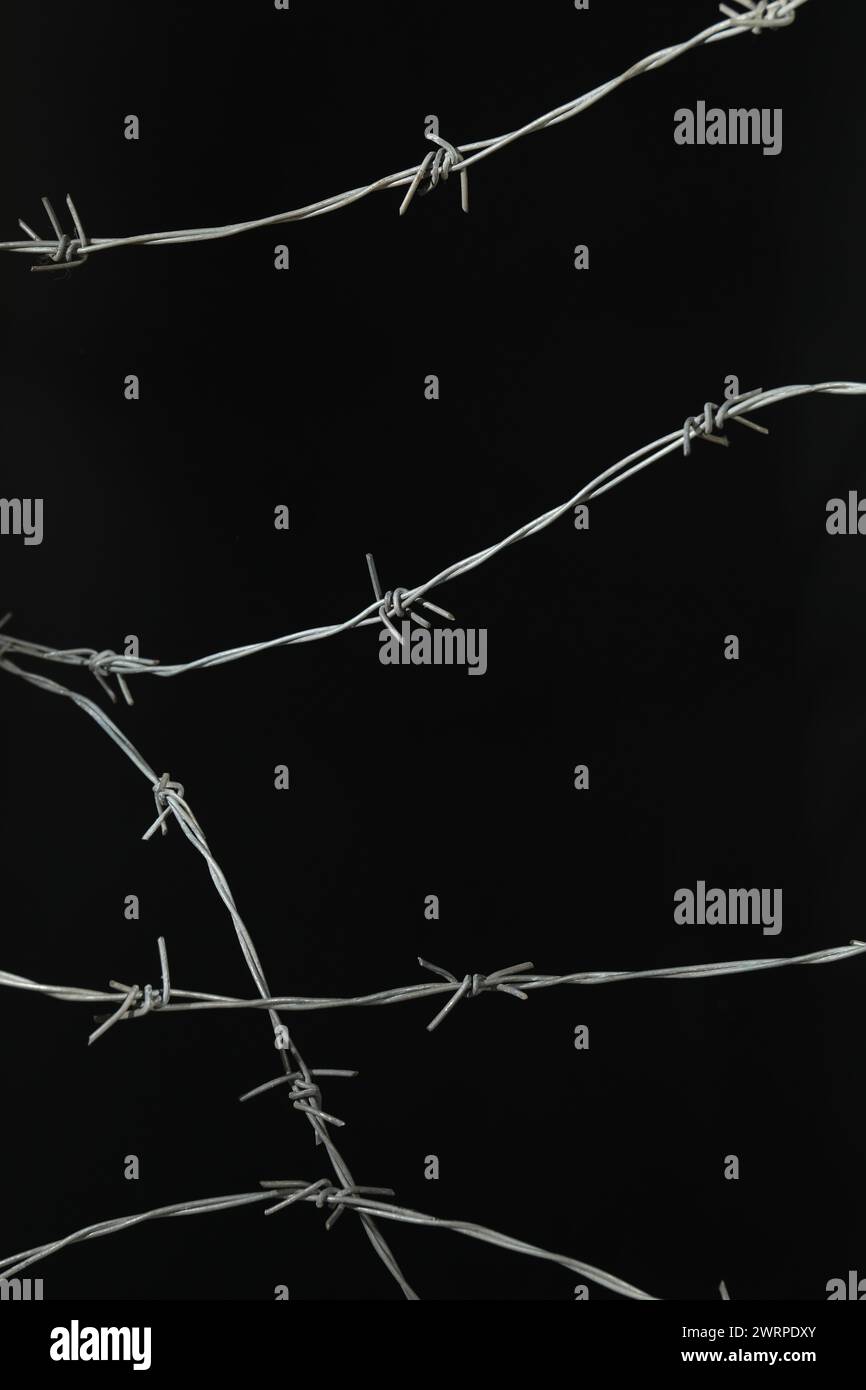 Shiny metal barbed wire on black background Stock Photo - Alamy