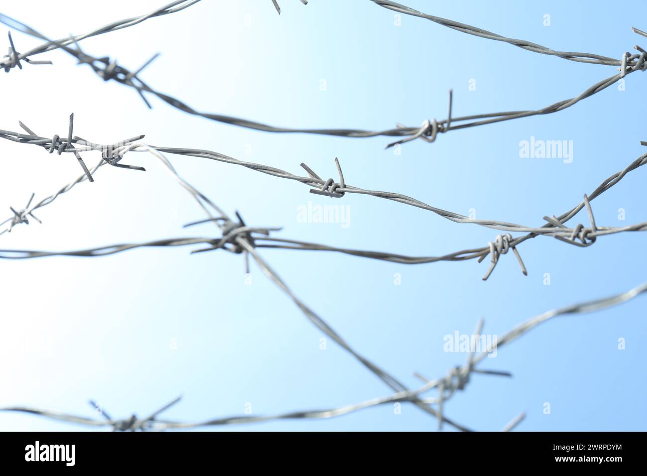 Shiny metal barbed wire on light background Stock Photo - Alamy