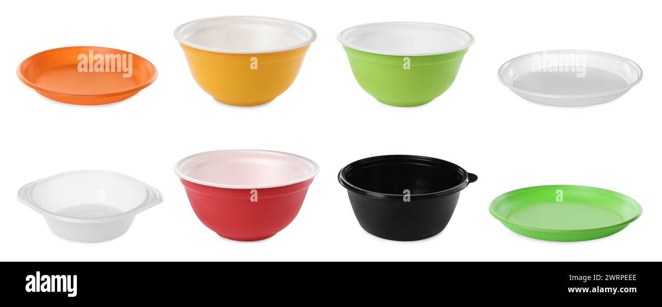 Different plastic dishes isolated on white, set Stock Photo - Alamy