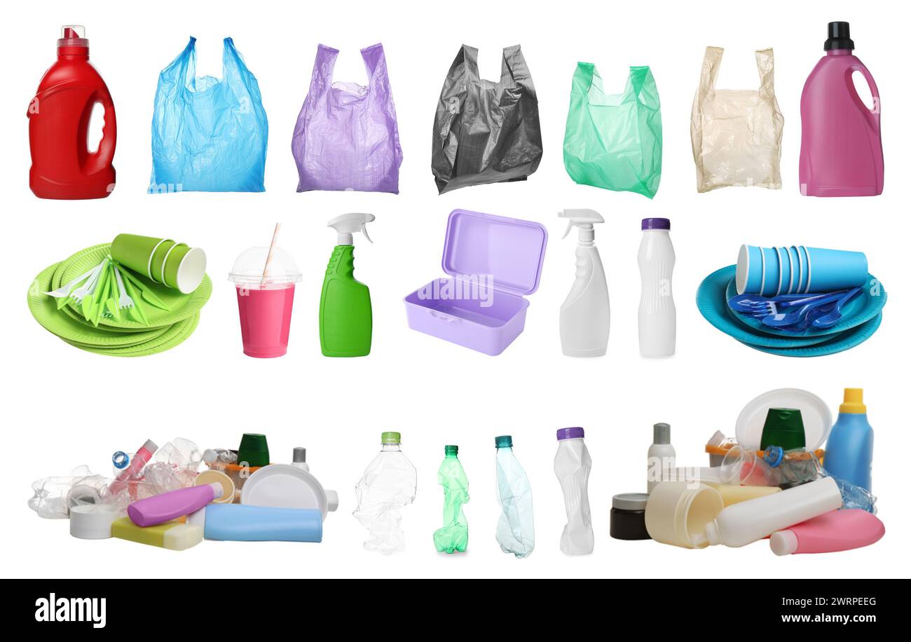 Different plastic items isolated on white, set Stock Photo - Alamy