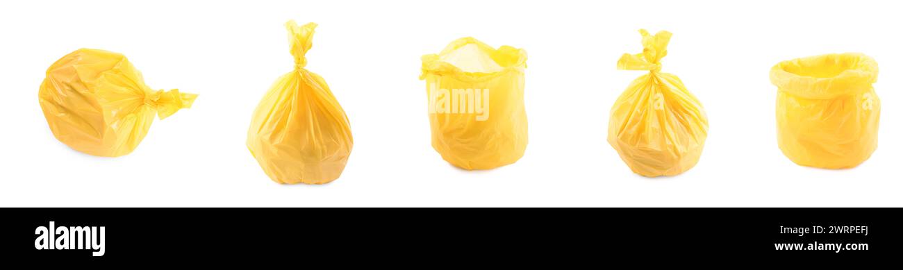 Yellow plastic garbage bags isolated on white, set Stock Photo - Alamy
