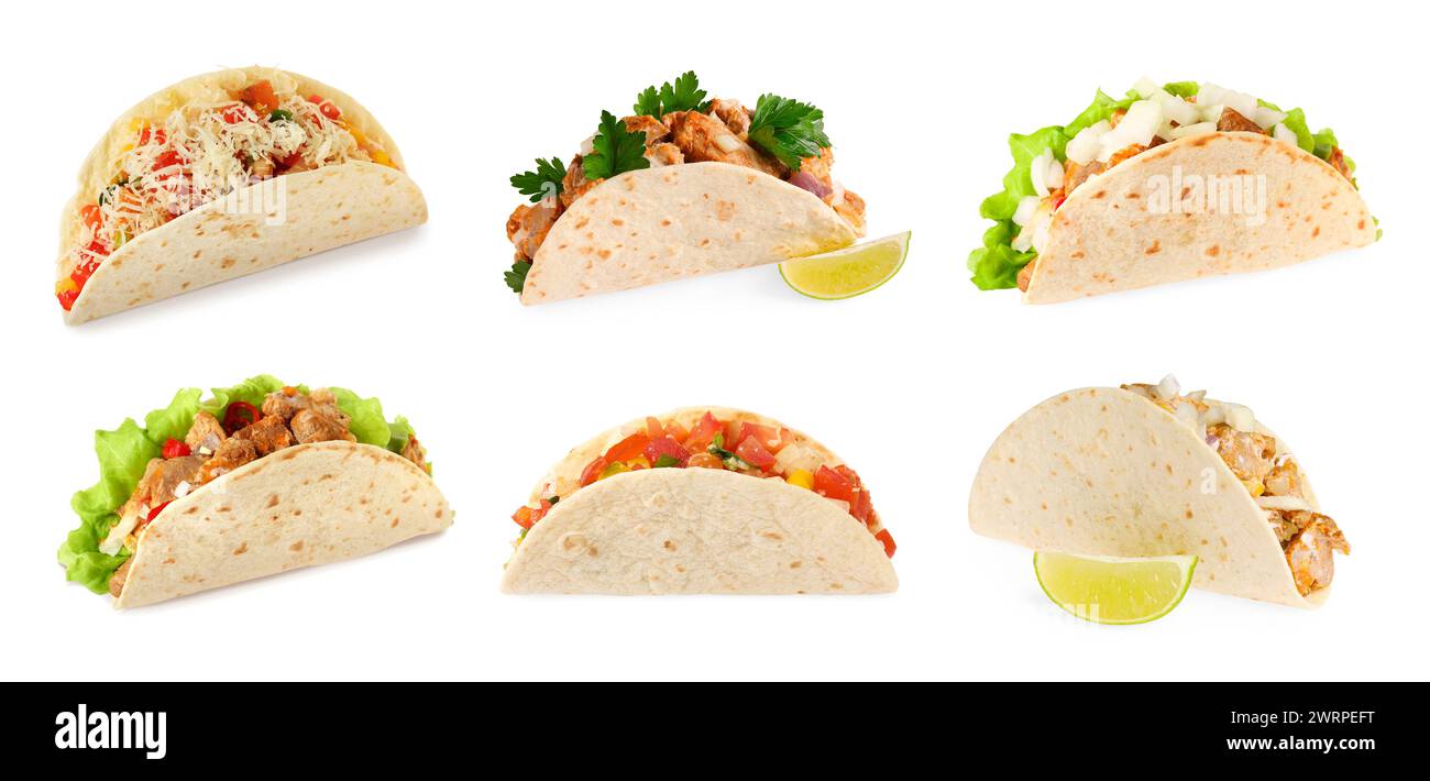 Different delicious tacos isolated on white, set Stock Photo - Alamy