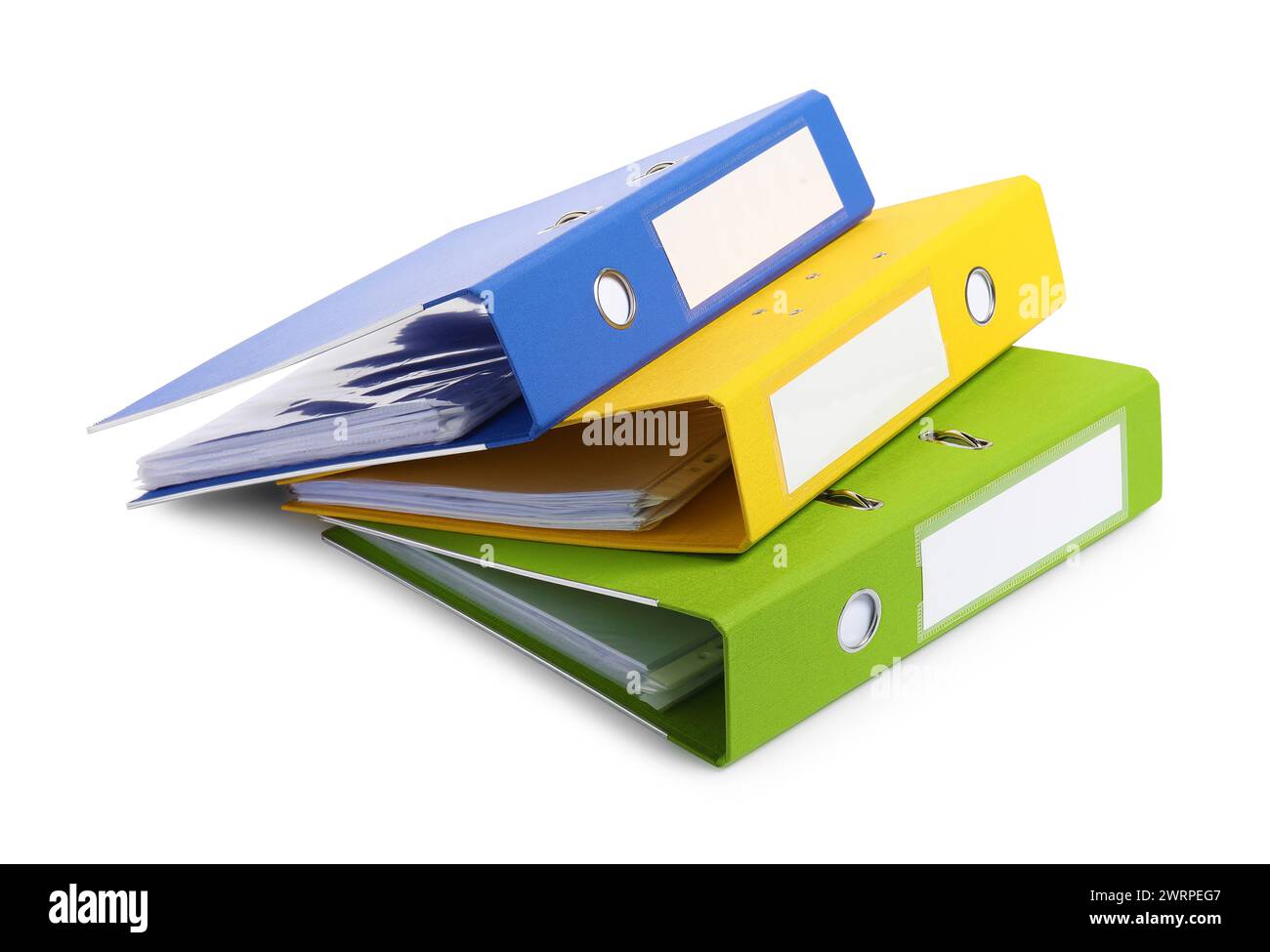Many bright office folders isolated on white Stock Photo - Alamy