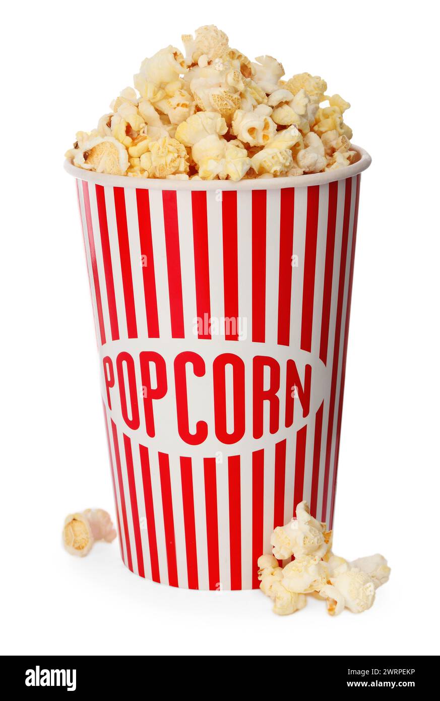 Tasty fresh pop corn in bucket isolated on white Stock Photo - Alamy