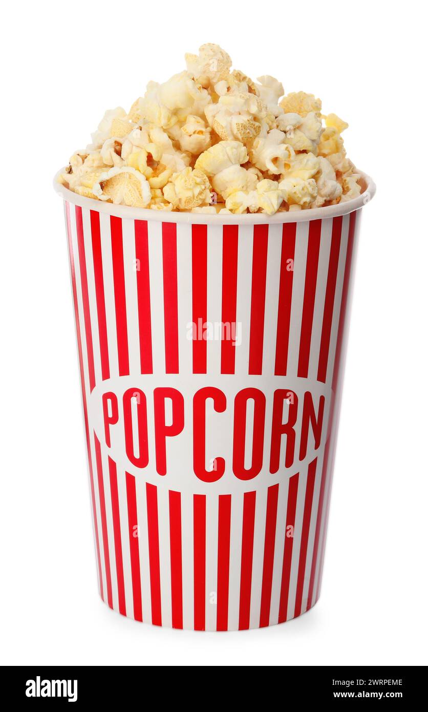 Tasty fresh pop corn in bucket isolated on white Stock Photo - Alamy