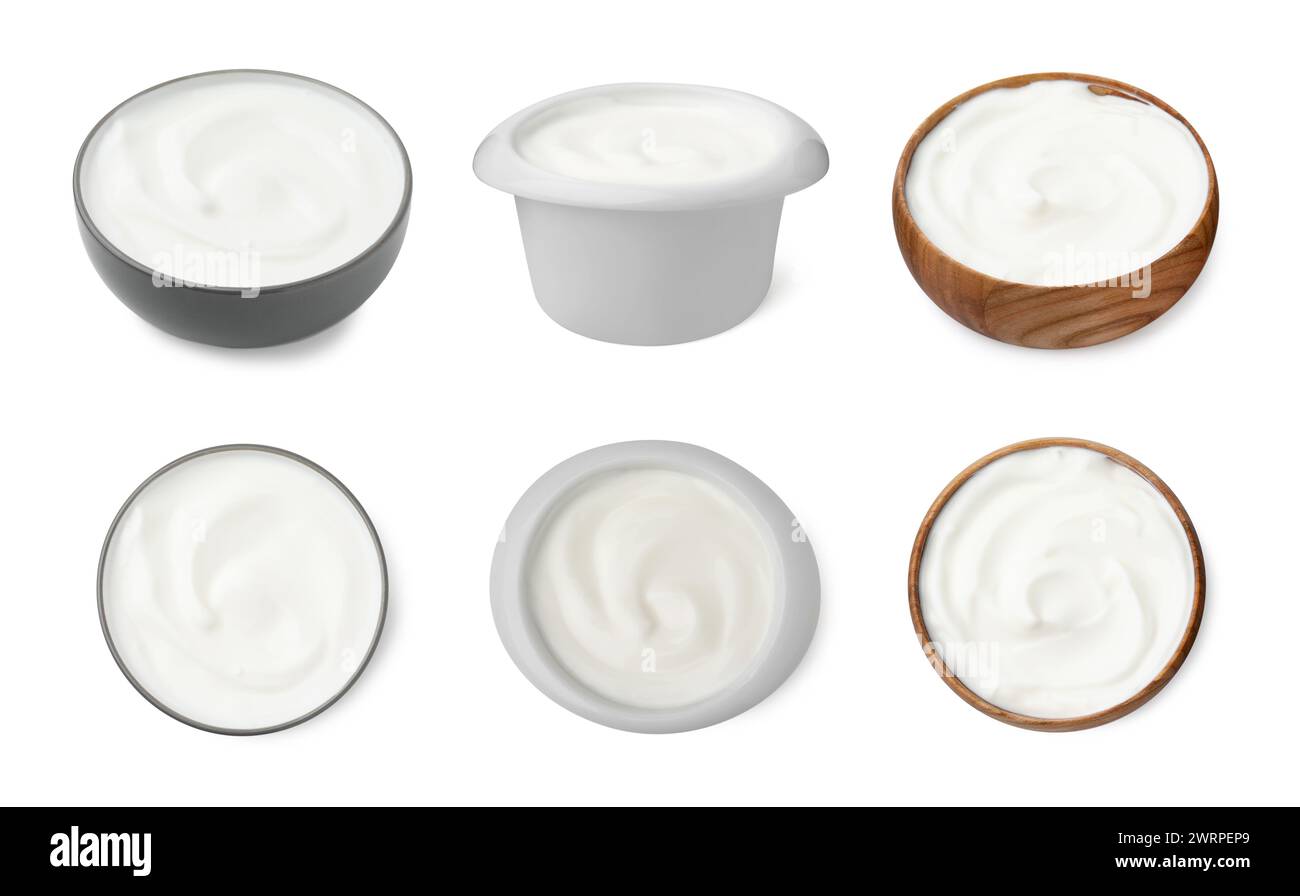 Fresh yogurt in bowls isolated on white, side and top views. Collage ...