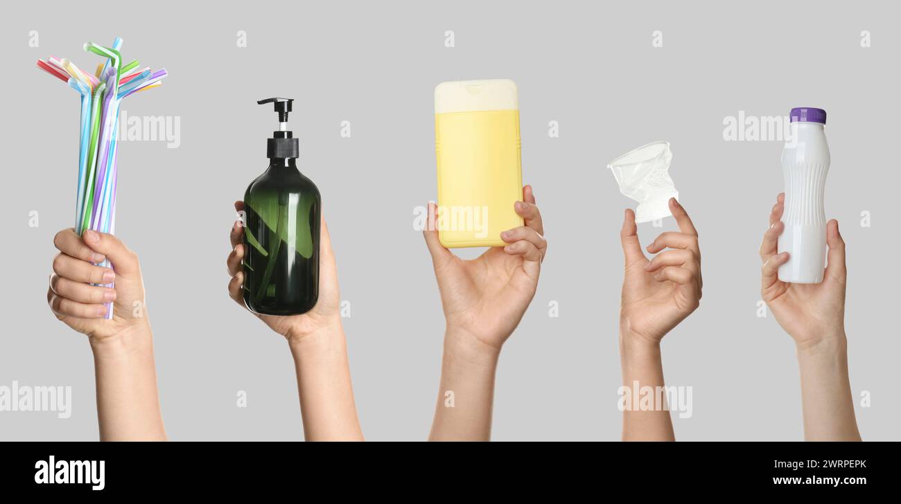 People holding plastic items on grey background, set of photos Stock ...