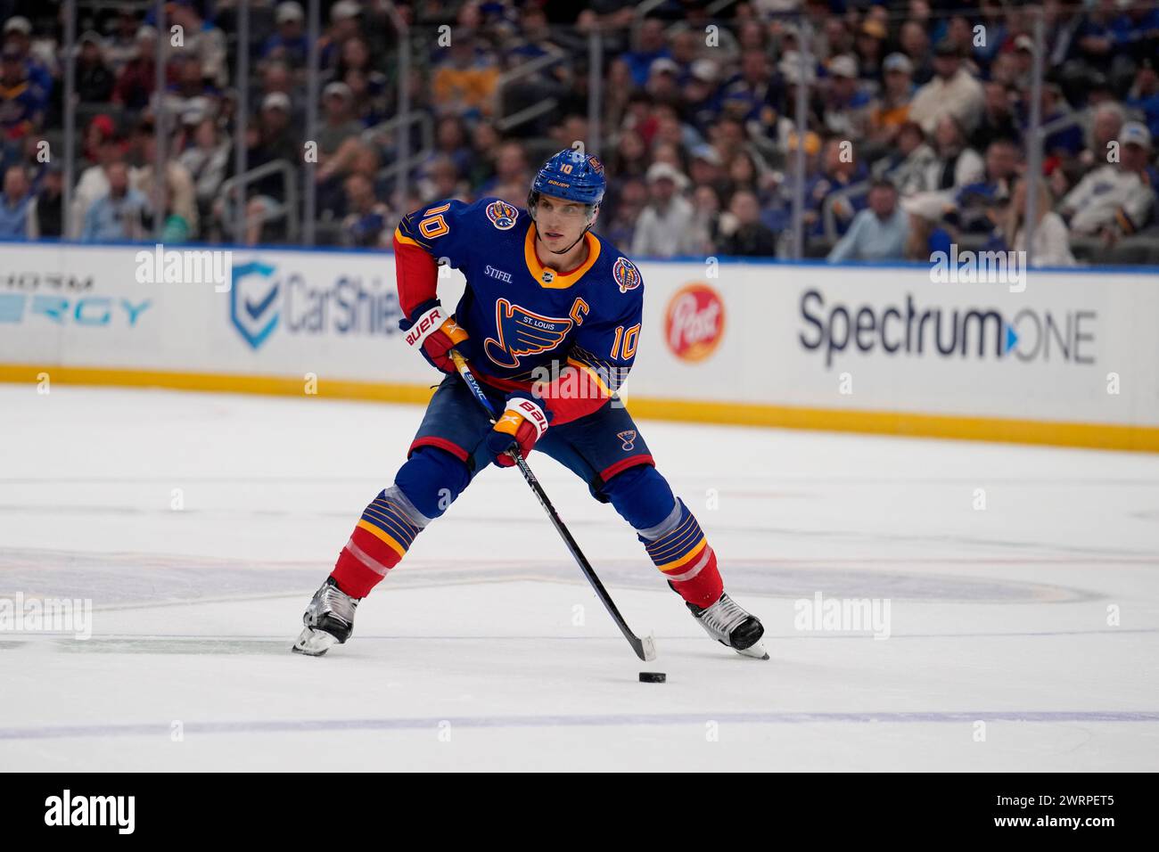 St. Louis Blues' Brayden Schenn controls the puck during the second ...