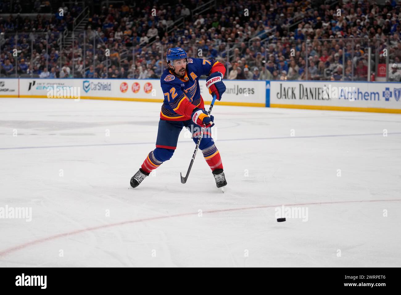 St. Louis Blues' Justin Faulk passes during the second period of an NHL ...