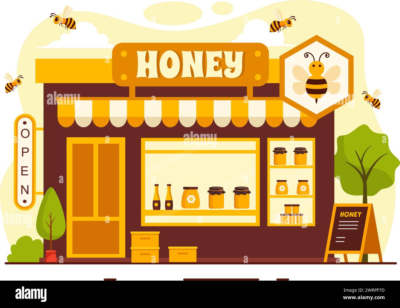 Honey Store Vector Illustration with a Natural Useful Product Jar, Bee ...