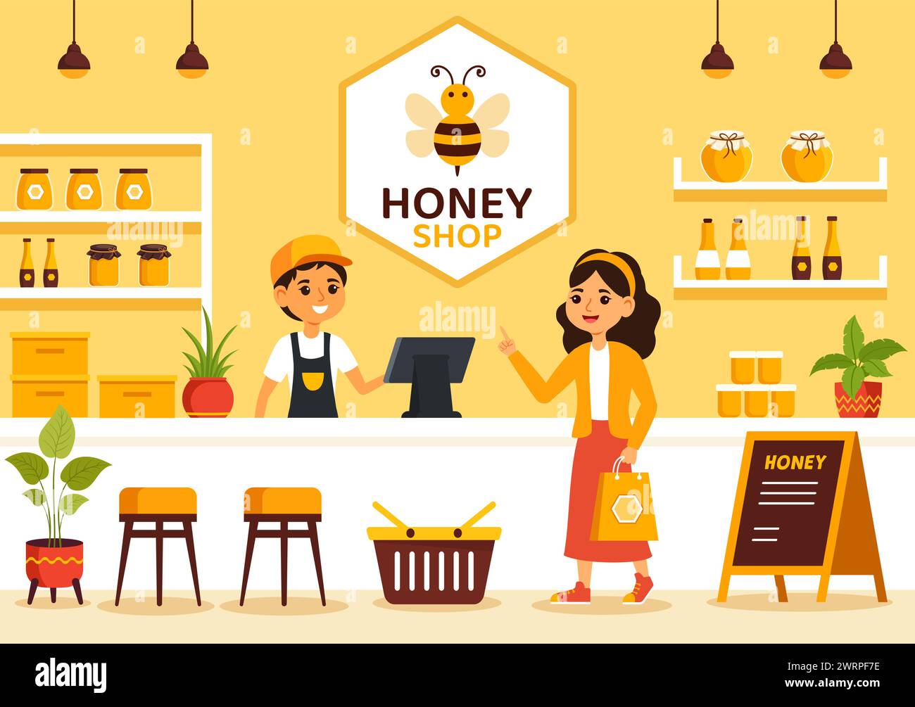 Honey Store Vector Illustration with a Natural Useful Product Jar, Bee ...