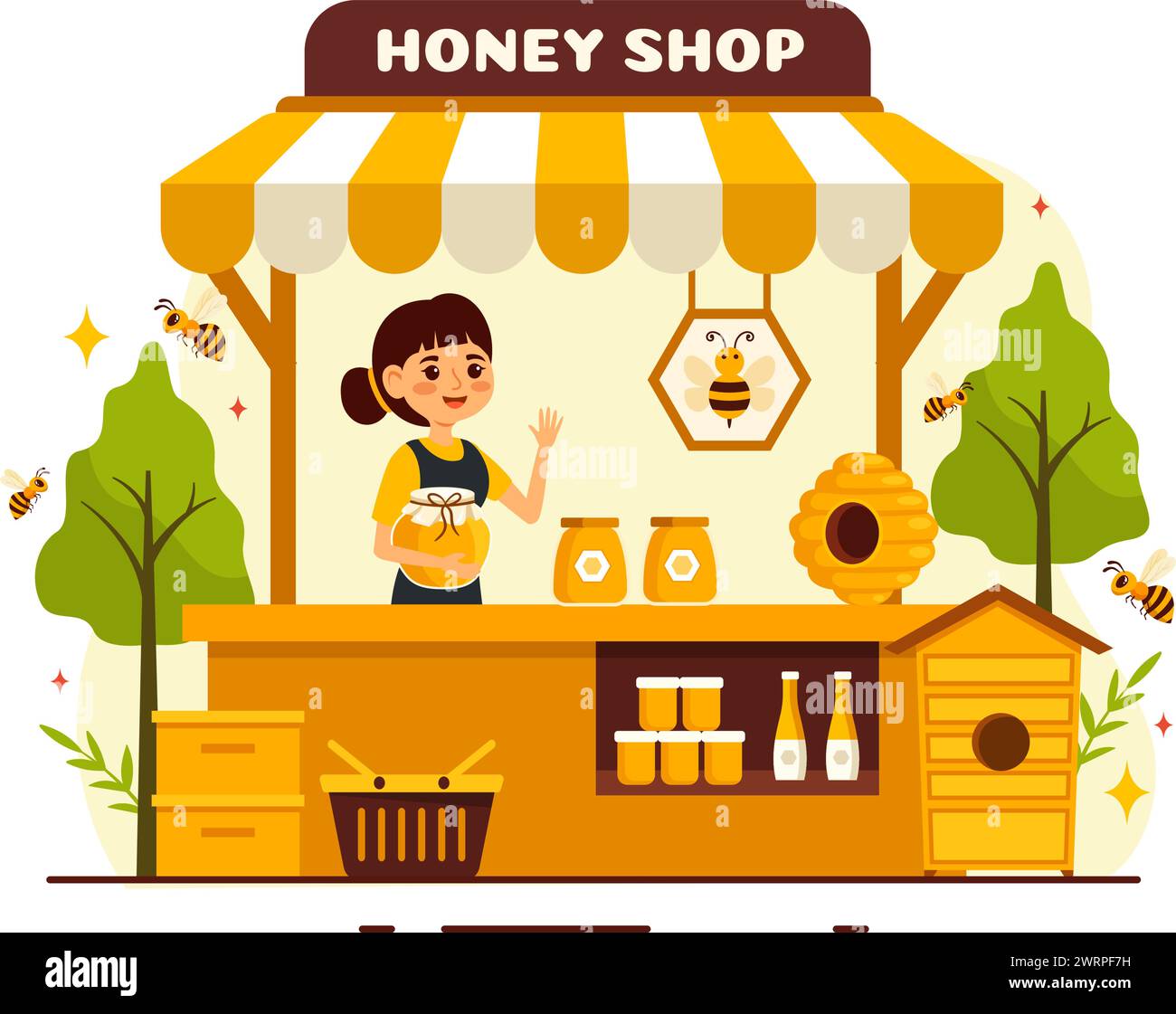 Honey Store Vector Illustration with a Natural Useful Product Jar, Bee ...