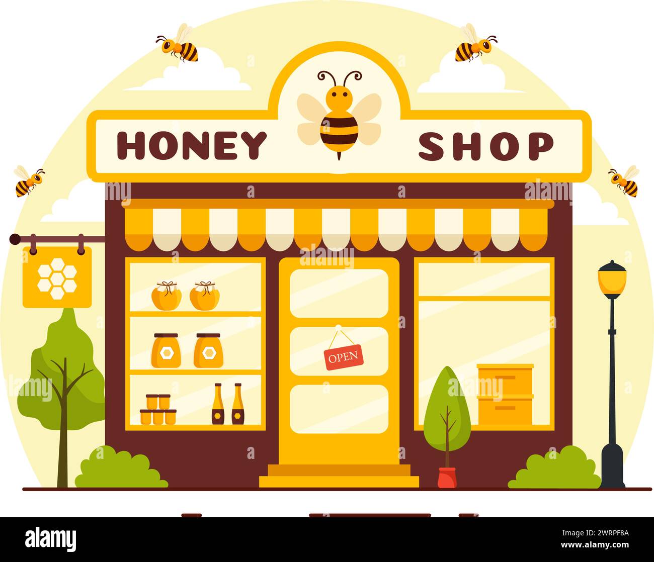Honey Store Vector Illustration with a Natural Useful Product Jar, Bee ...