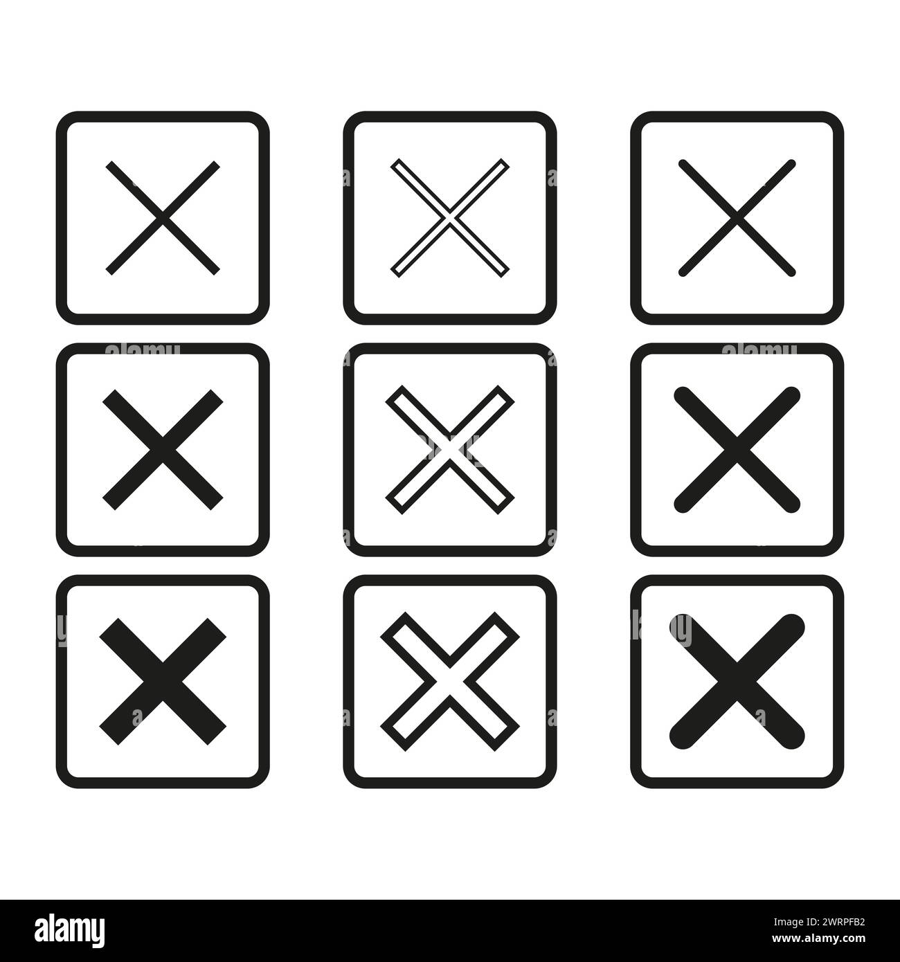 Nine square icons each featuring a variation of a cross mark. Vector ...