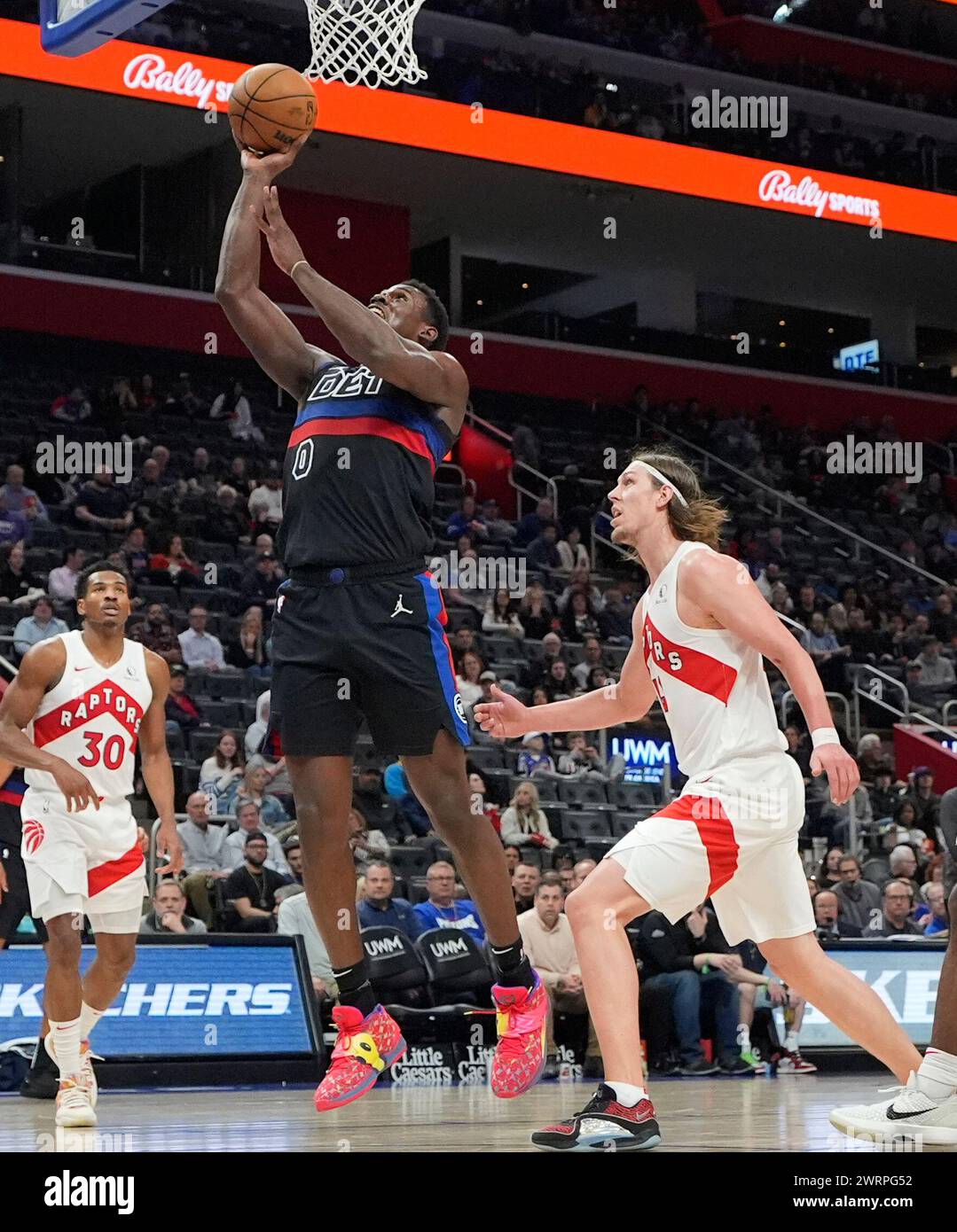 Detroit Pistons center Jalen Duren (0) makes a layup as Toronto Raptors ...