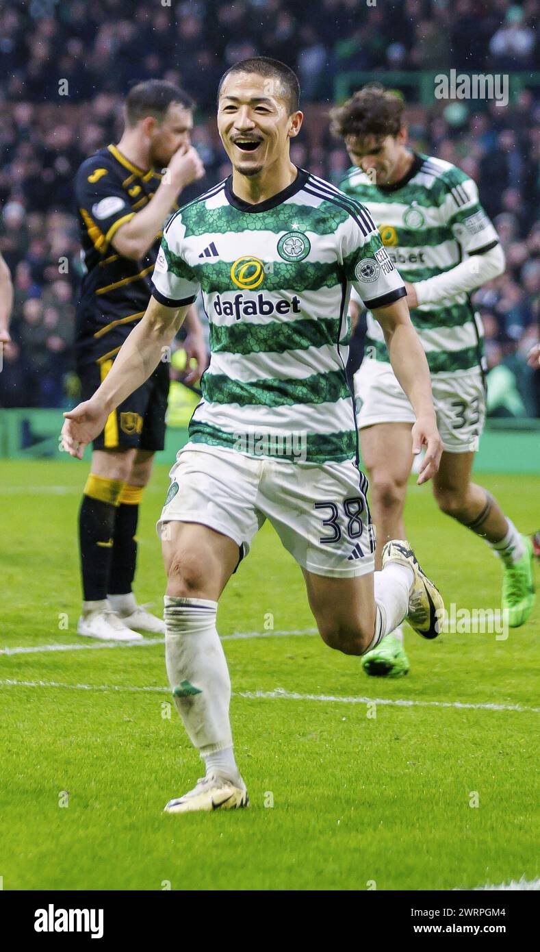 Celtic's Daizen Maeda (front) celebrates after completing a hat-trick ...
