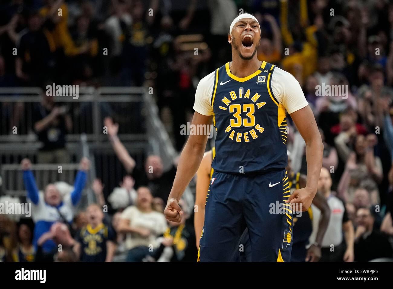 Indiana Pacers center Myles Turner (33) reacts after hitting a 3 ...