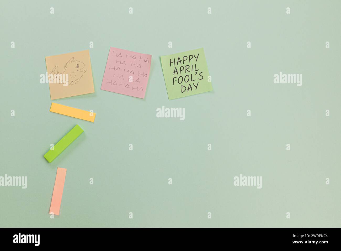 Concept of office on April Fool's Day, sticky notes on the table Stock ...