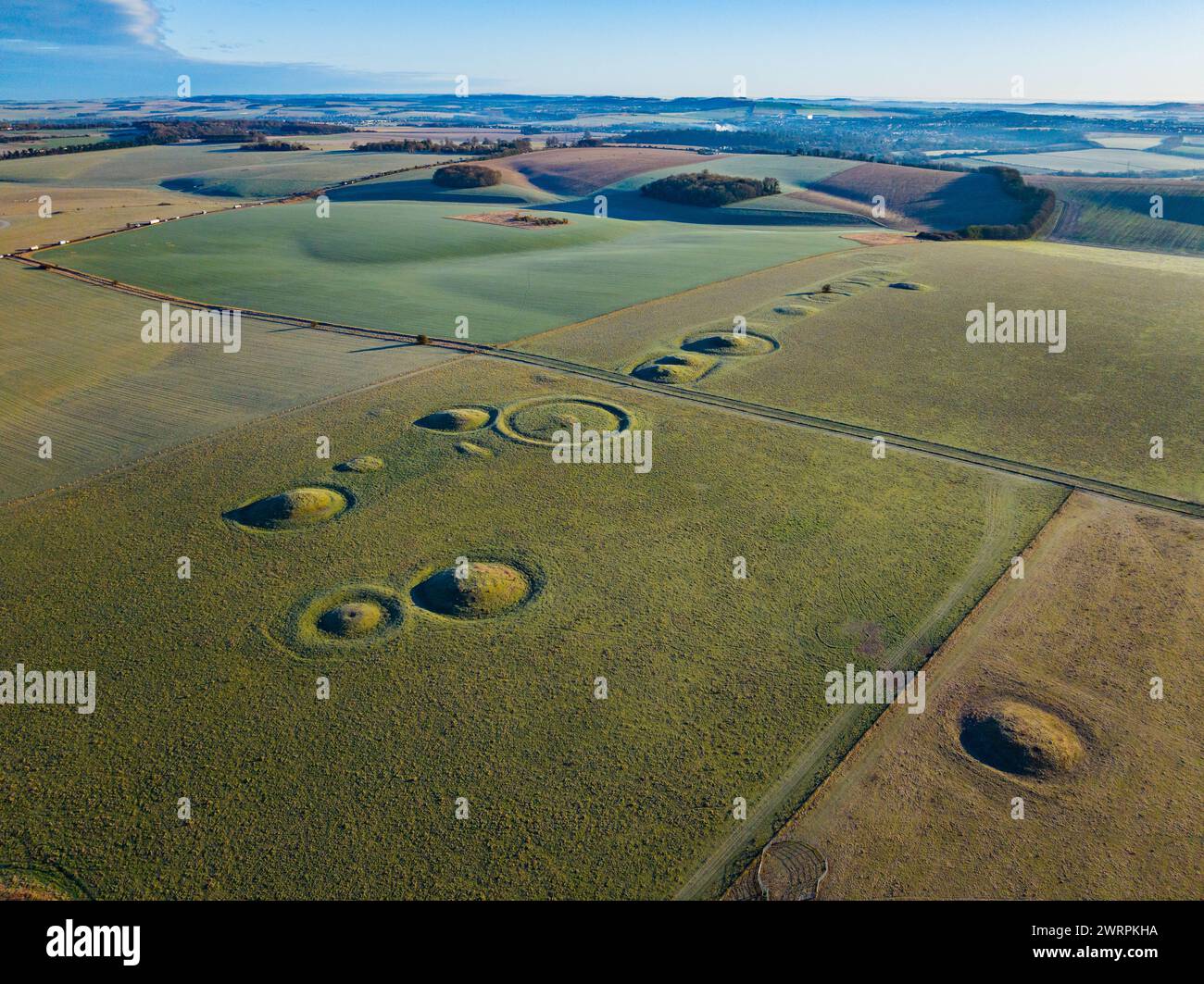 Aerial view of ancient burial mounds, Wiltshire, UK Stock Photo - Alamy