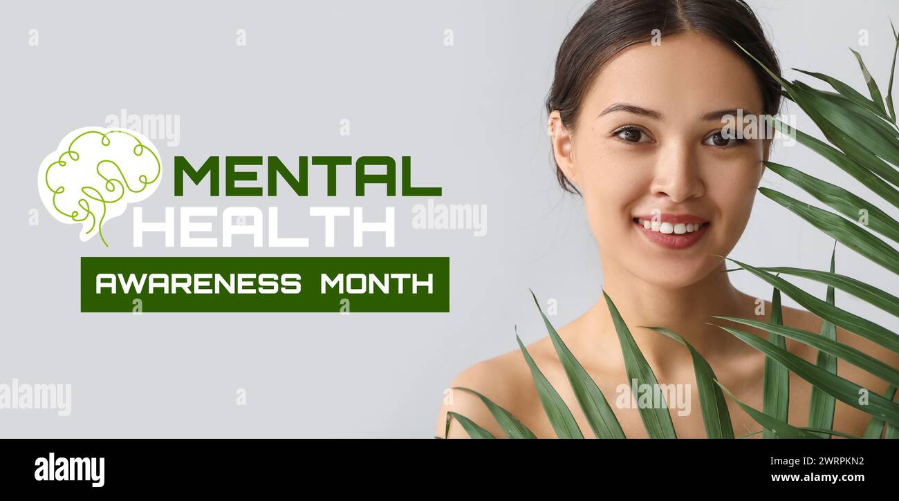 Beautiful Asian woman with palm leaves on light background. Banner for ...