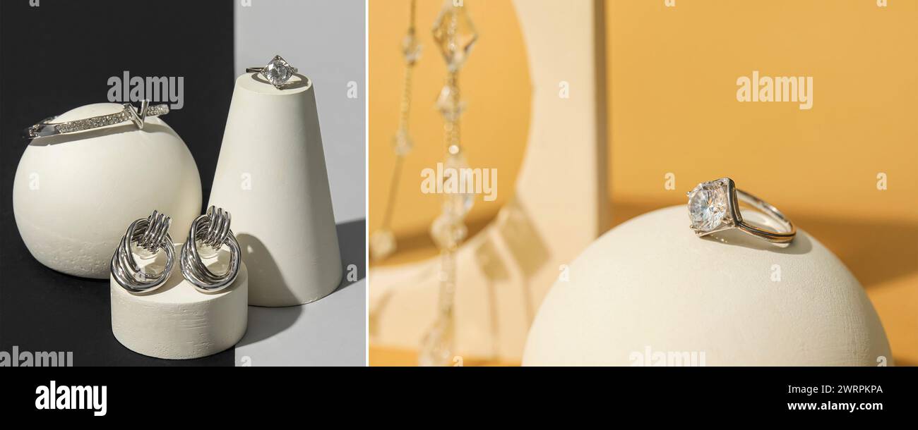 Collage of stylish silver jewelry with diamonds on showcases Stock ...