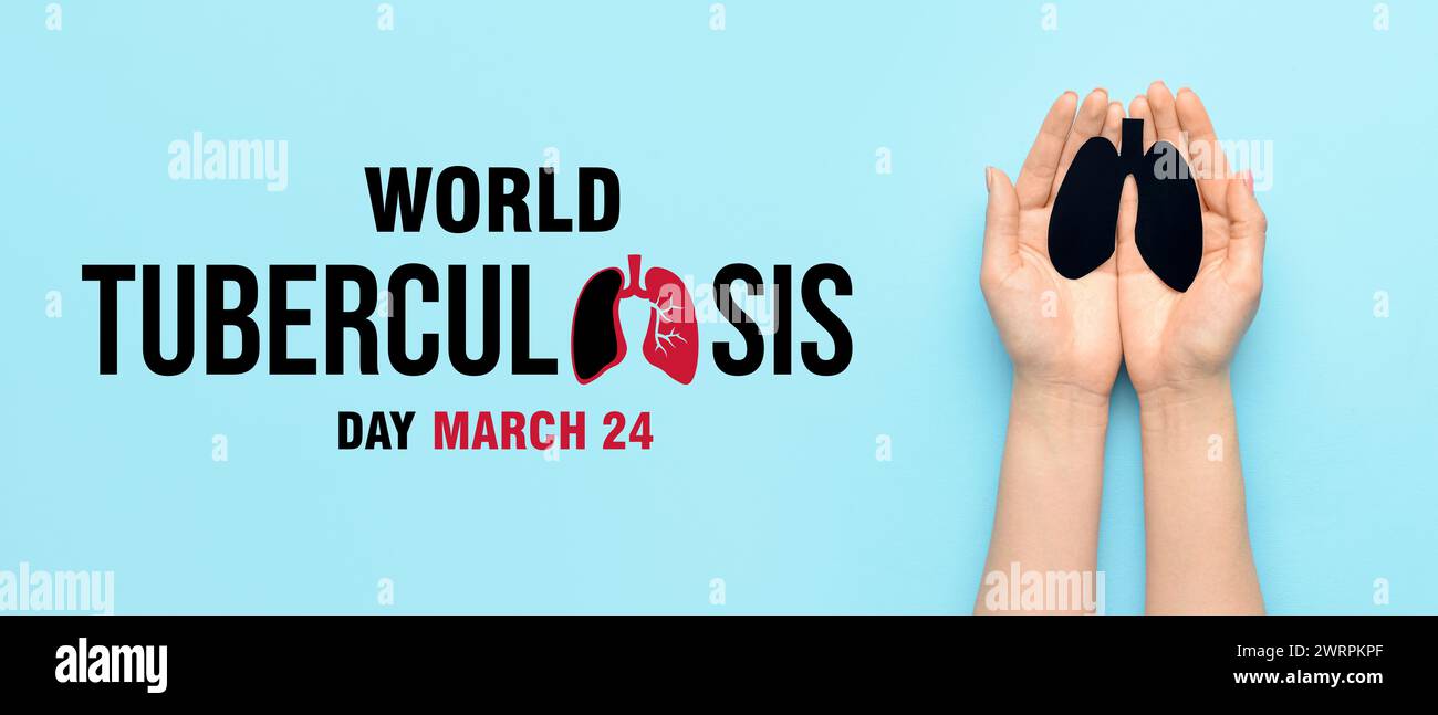 Banner with hands holding black paper lungs and text WORLD TUBERCULOSIS ...