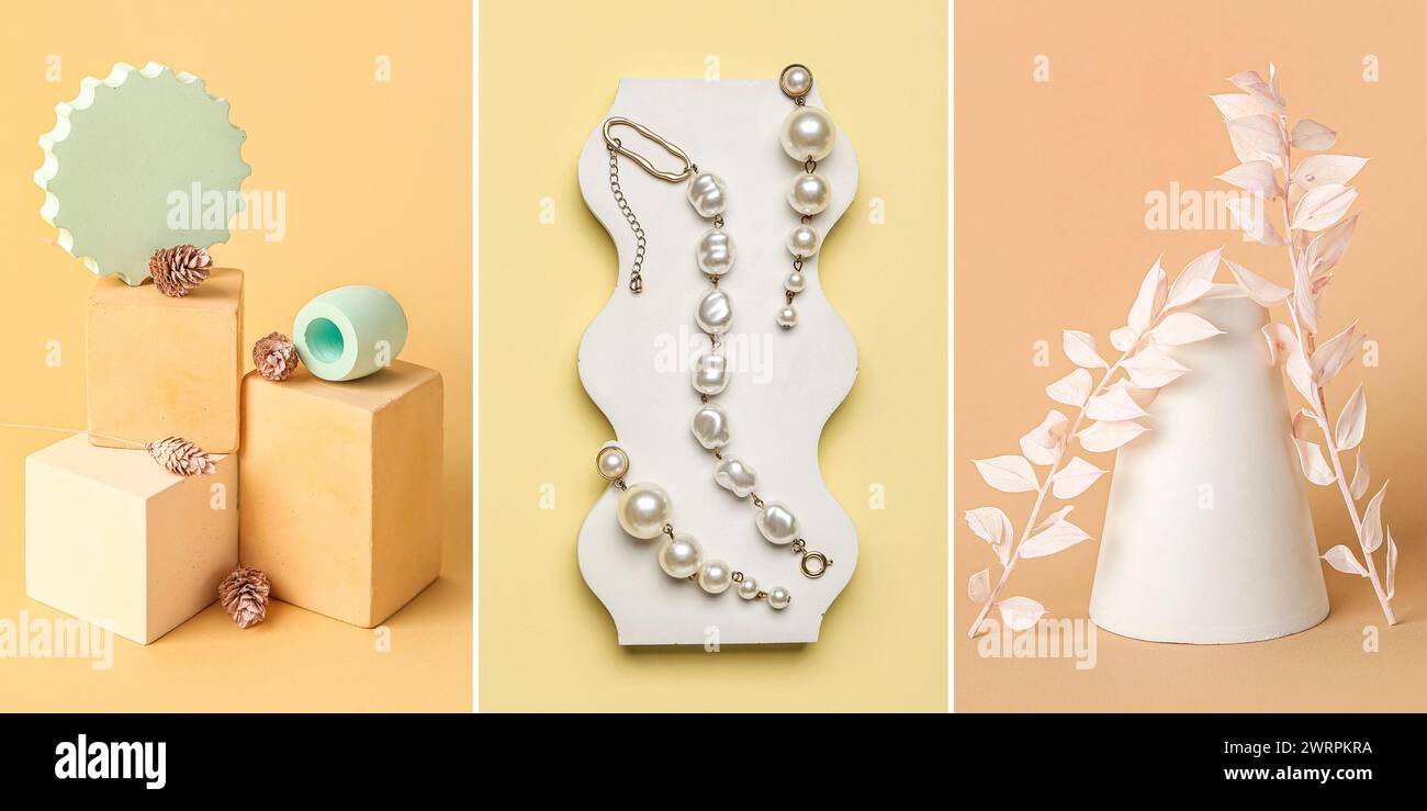 Collage of stylish pearl jewelry on showcases Stock Photo - Alamy