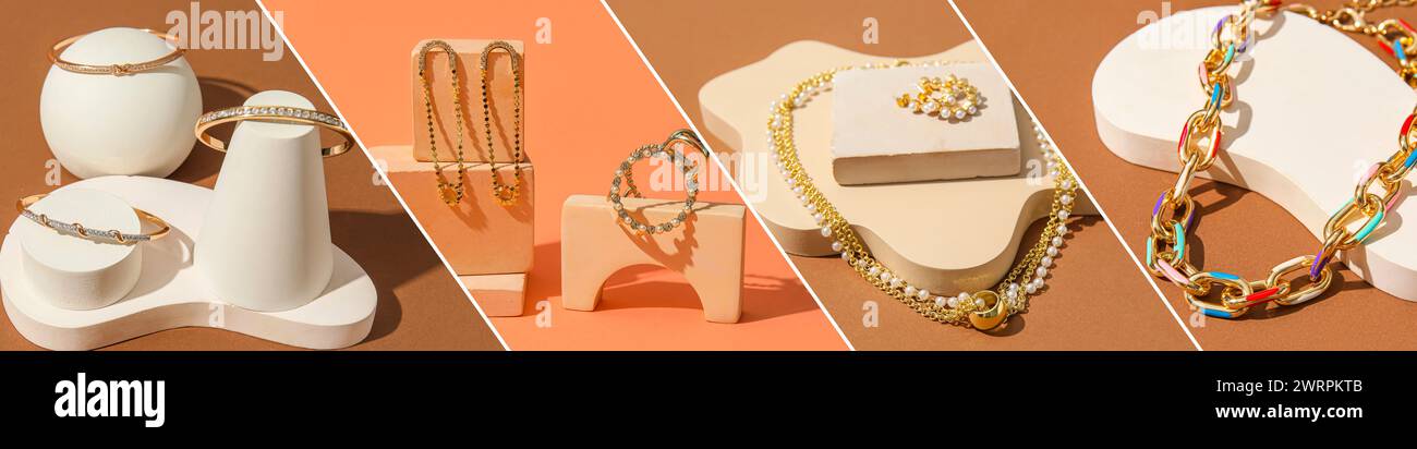 Collage of stylish golden jewelry on showcases Stock Photo - Alamy