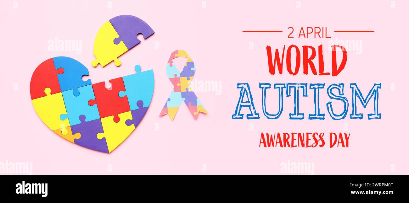 Text WORLD AUTISM AWARENESS DAY, ribbon and heart made of jigsaw puzzle ...