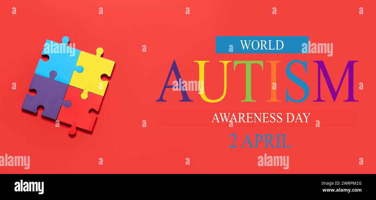 Colorful jigsaw puzzle pieces and text WORLD AUTISM AWARENESS DAY on ...