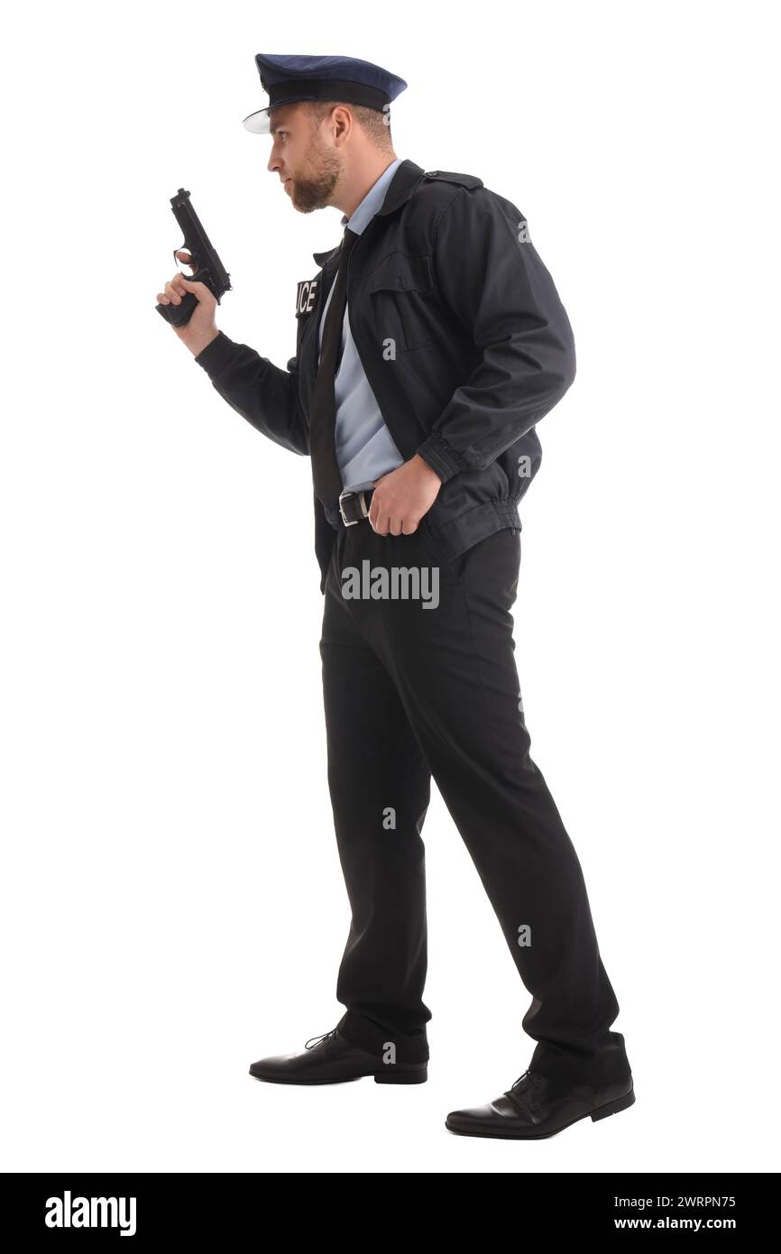 Male police officer wearing uniform with gun on white background Stock ...