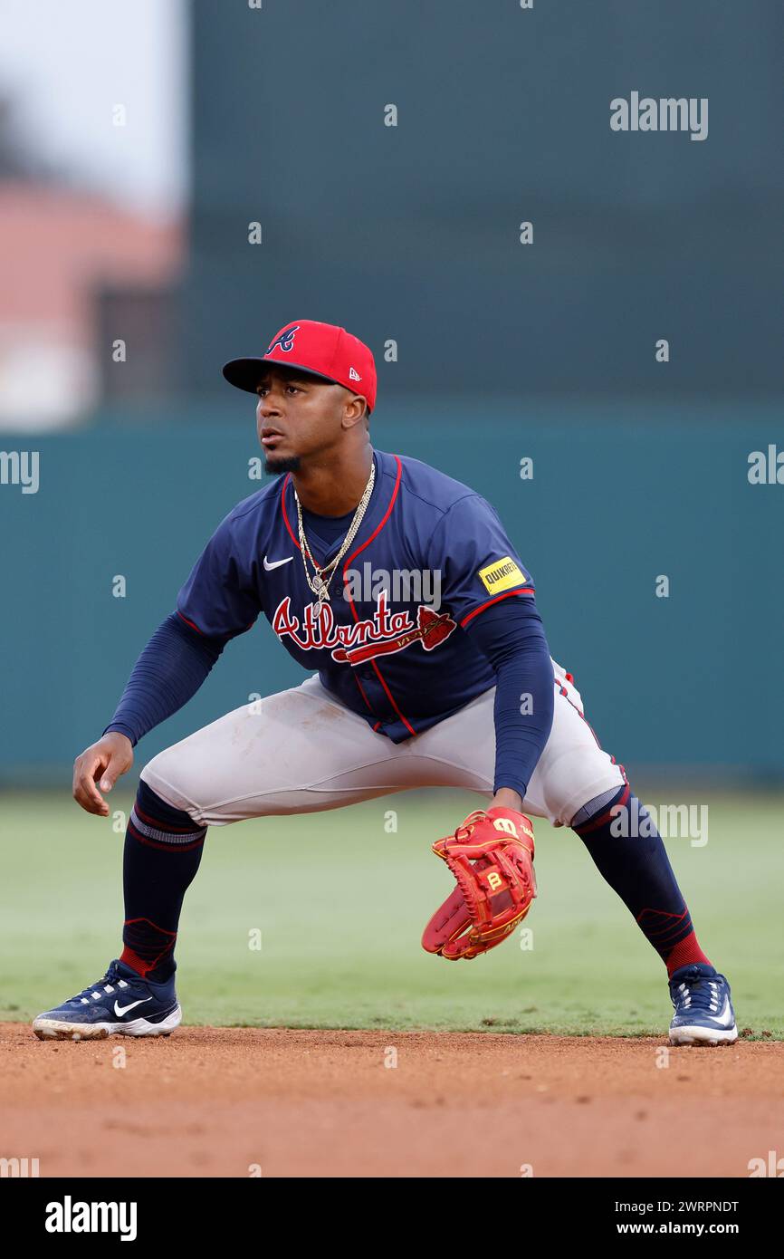 SARASOTA, FL - MARCH 13: Atlanta Braves second baseman Ozzie Albies (1) fields his position ...