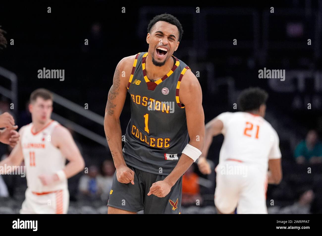 Boston College guard Claudell Harris Jr. (1) celebrates at the end of ...