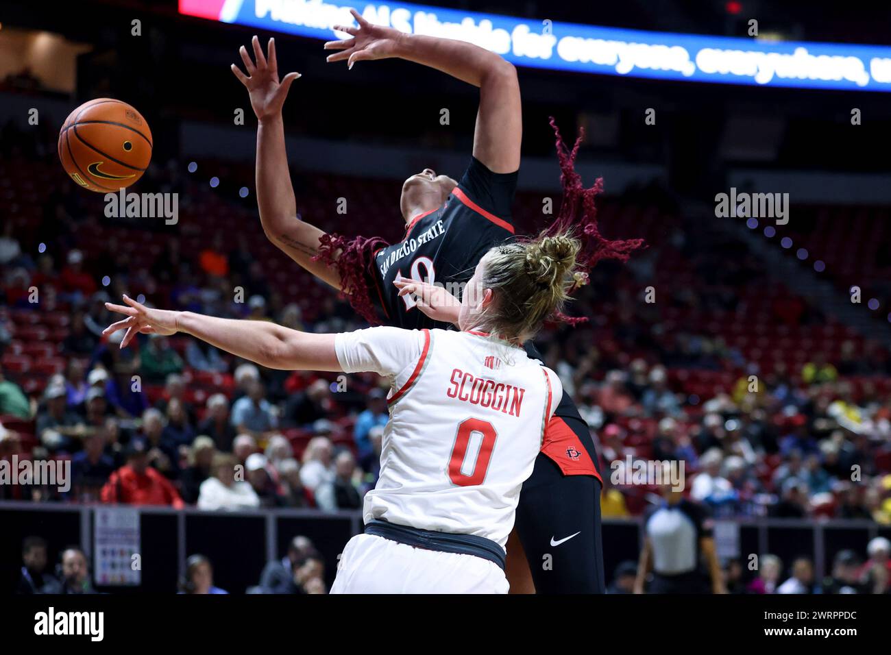 San Diego State guard Mia Davis (10) loses control of the ball after ...