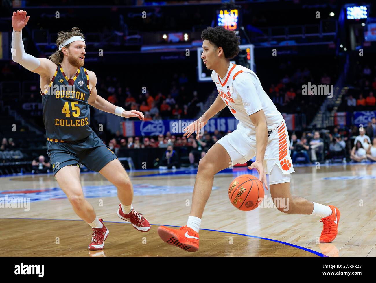 March 13, 2024: Boston College Eagles Guard (45) Mason Madsen guards ...