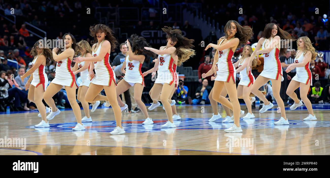 March 13, 2024: Boston College cheerleaders perform for the crowd during an ACC Men's Basketball ...