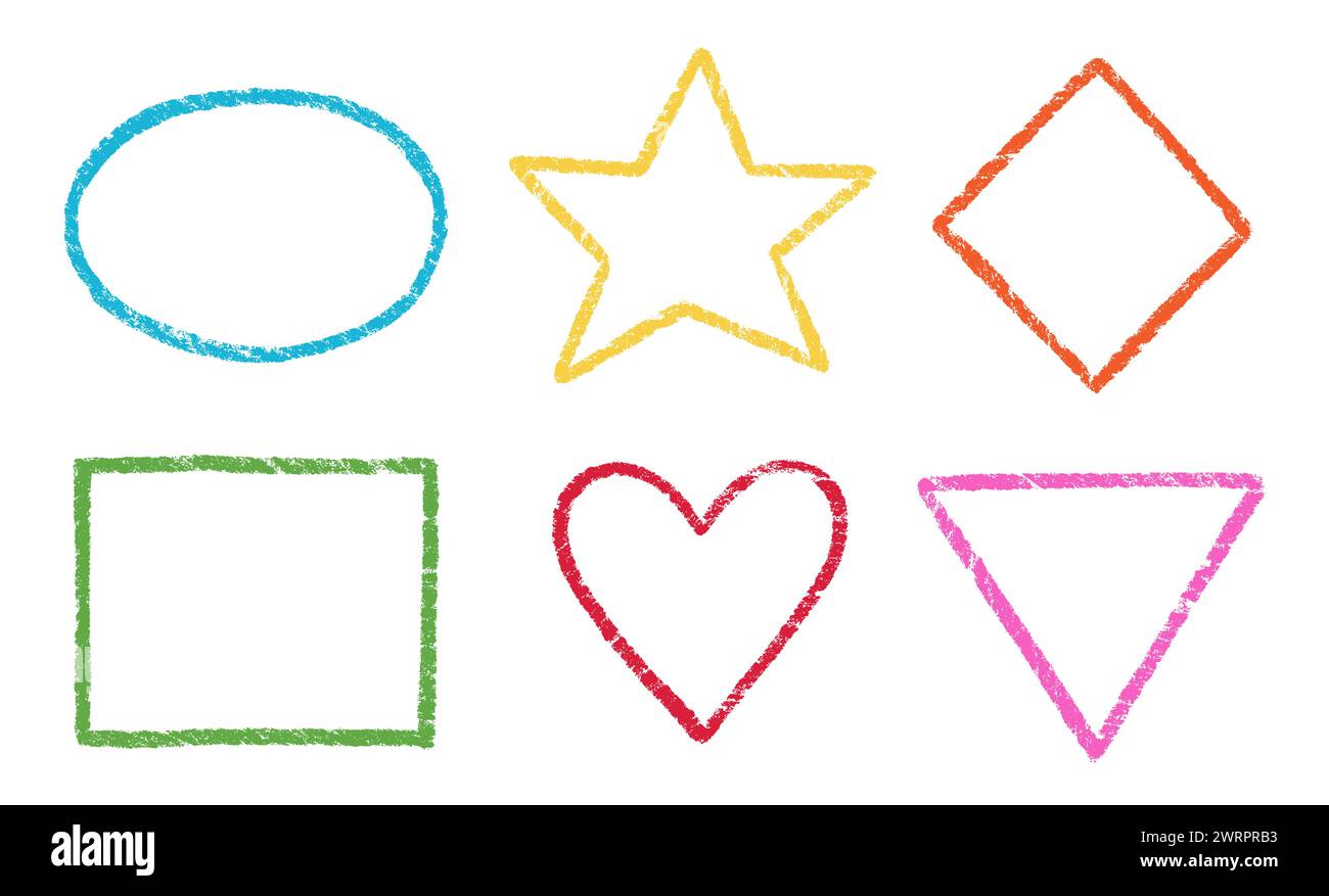 Crayon, chalk kid frame set. Round, square, heart shape hand drawn ...