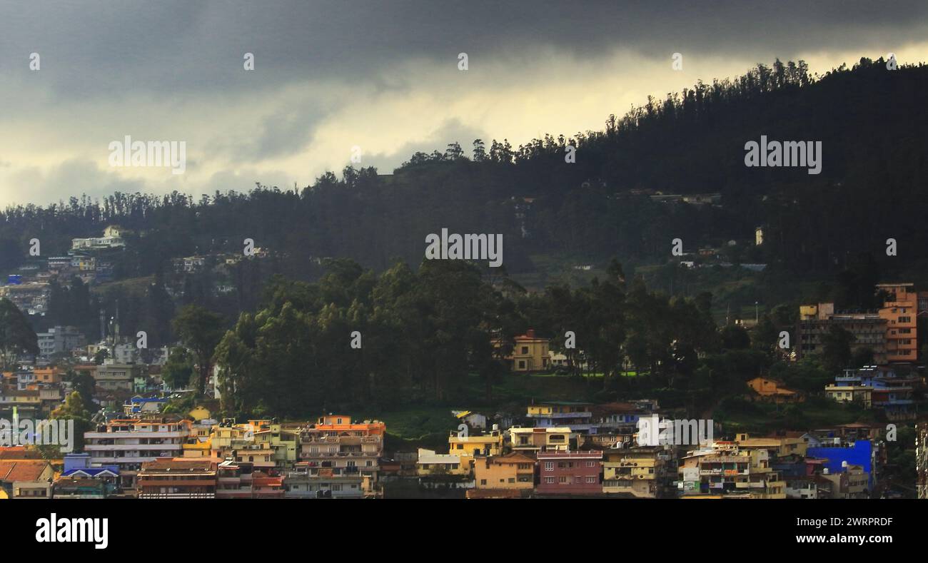 panoramic view of beautiful nilgiri mountains and townscape of ooty ...