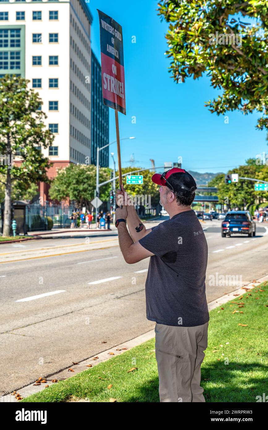 An actor holding picket sign on July 14, 2023, during the Hollywood ...