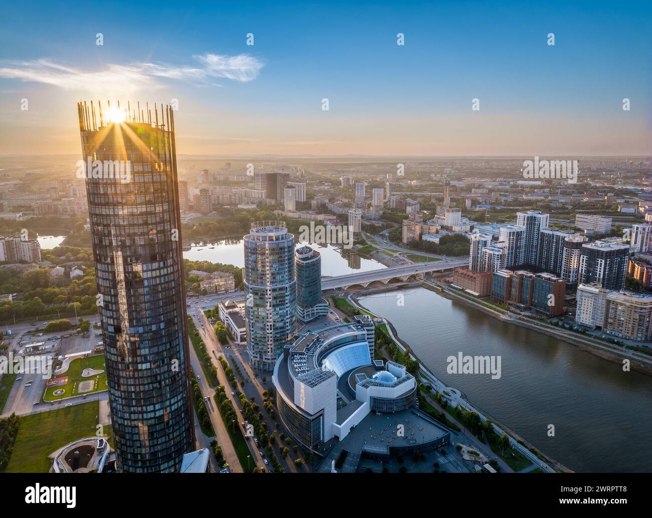 Yekaterinburg city and pond aerial panoramic view at summer sunset ...
