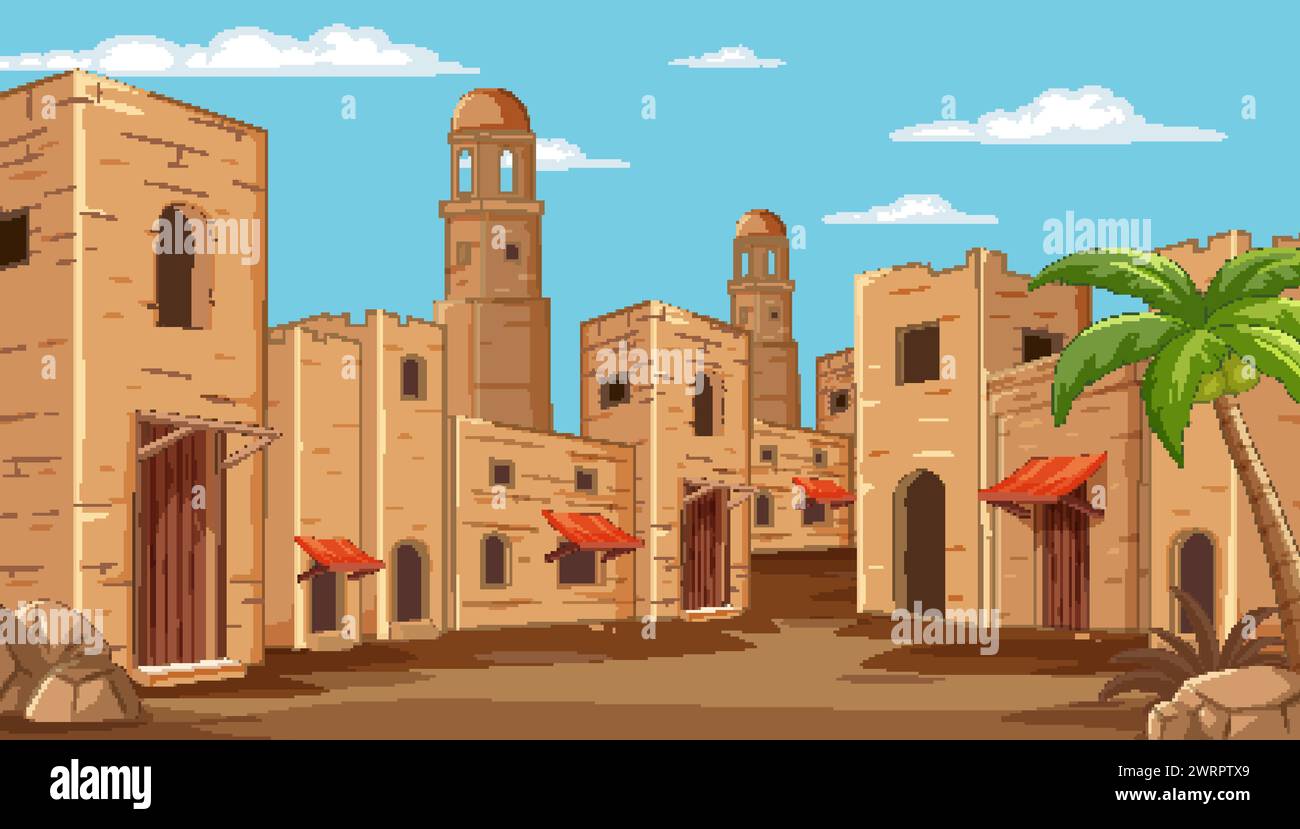Vector illustration of a sunny desert town scene Stock Vector Image ...