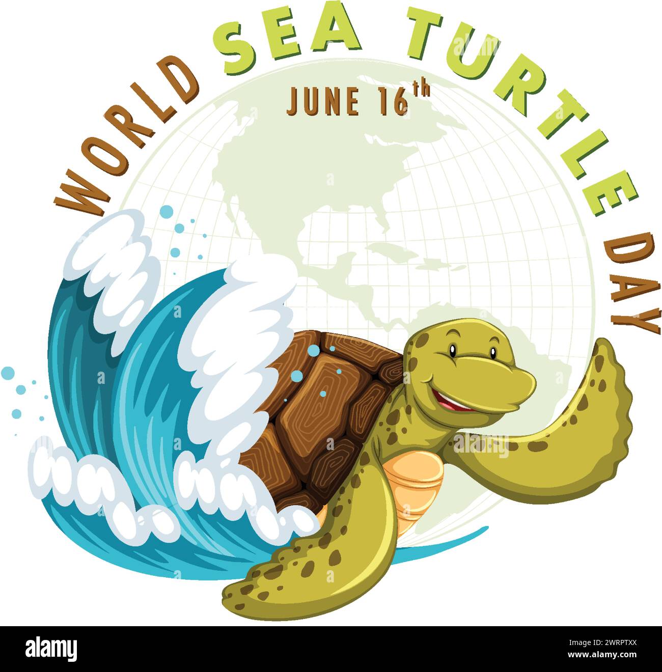 Cheerful sea turtle with globe and waves illustration Stock Vector ...
