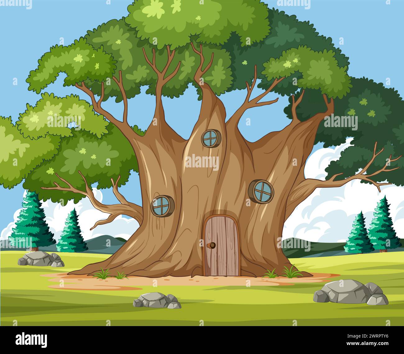 Cartoon tree house in a serene forest setting Stock Vector Image & Art ...