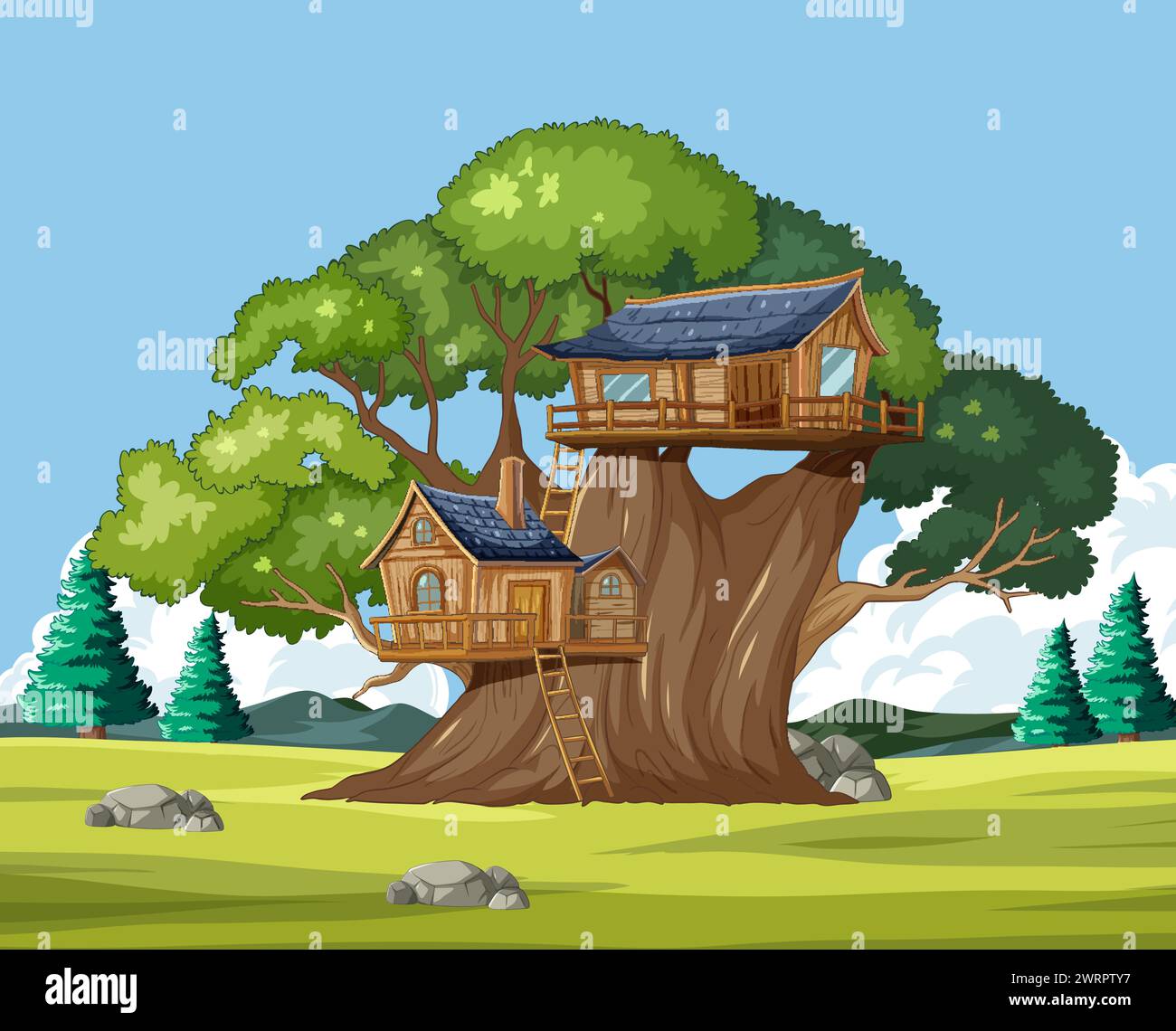 Vector illustration of a whimsical treehouse amidst nature Stock Vector ...