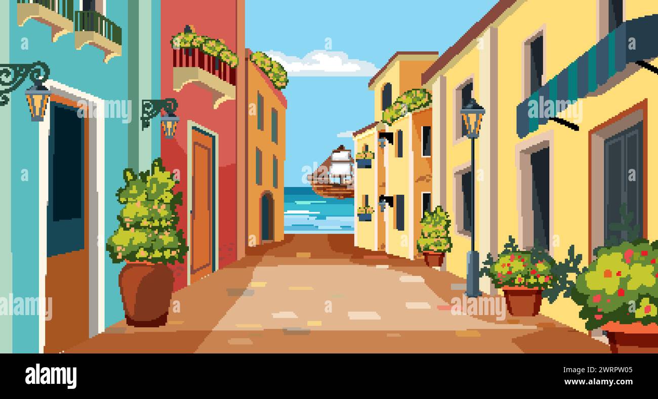 Colorful buildings line a charming coastal street Stock Vector Image ...