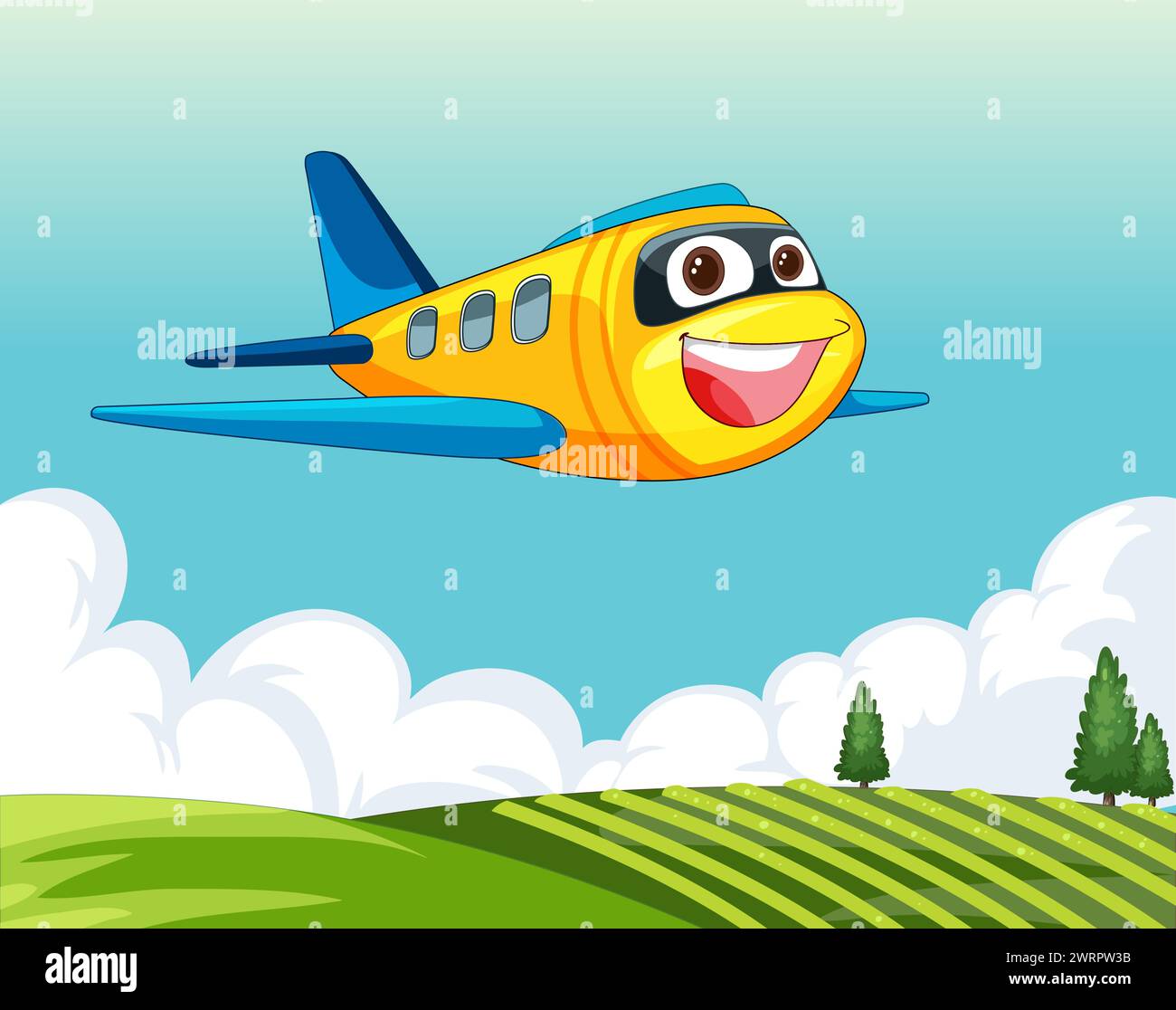 Colorful animated plane soaring above green fields Stock Vector Image ...